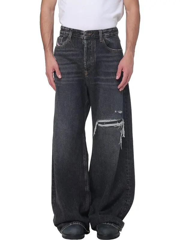 DIESEL® D-rise Wide-leg Jeans In Distressed Cotton - Black