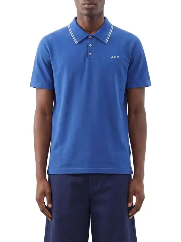 A.p.c. Short-sleeved Cotton Polo Shirt With Contrast Logo - Blue