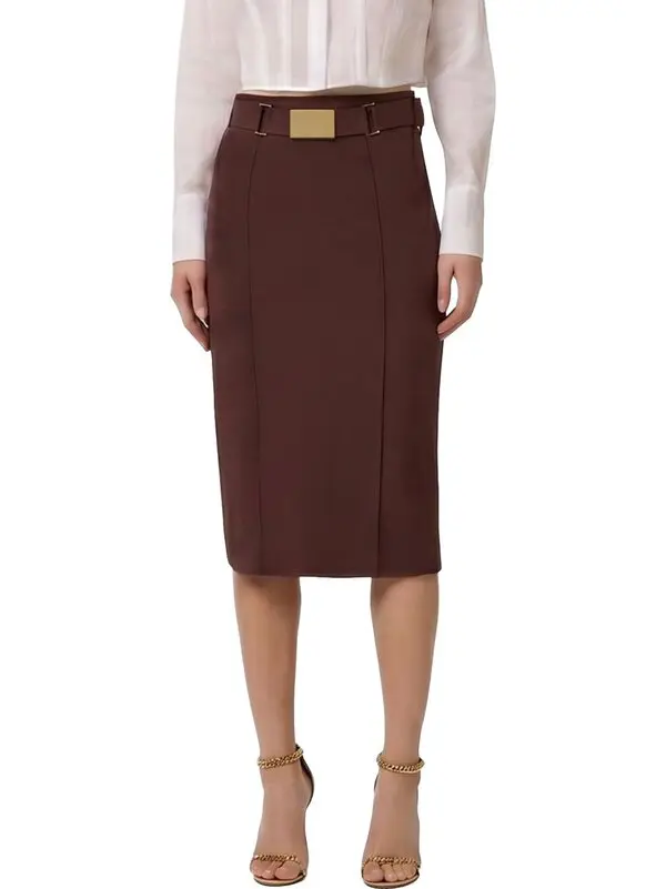 Elisabetta Franchi High Waist Monogram Print Crêpe Midi Pencil Skirt - Cocoa