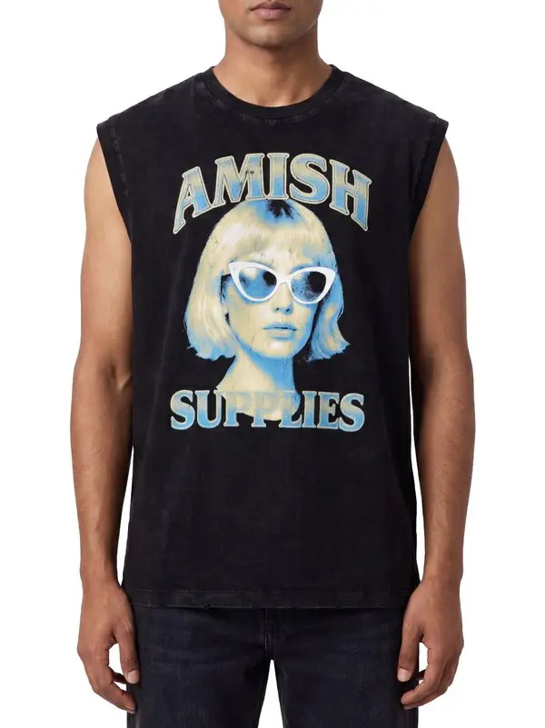 AMISH SUPPLIES Cotton Tank Top With Graphic Print And Crew Neck - Black