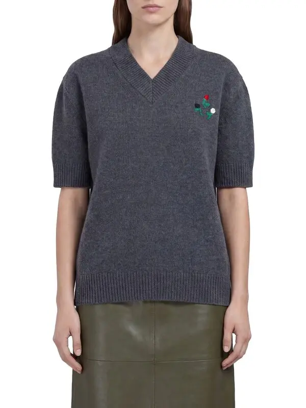 Marni V-neck Virgin Wool And Cashmere Jumper With Embroidery - Grey