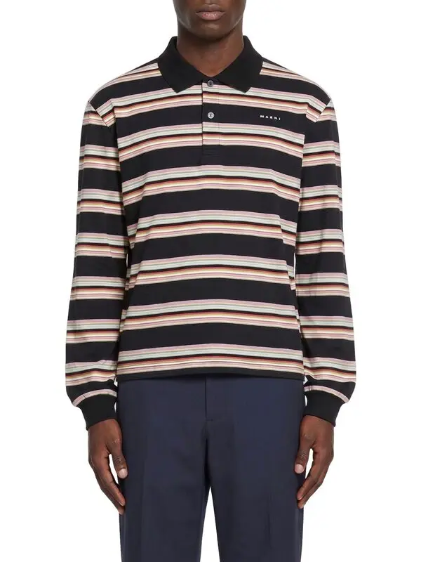 Marni Long-sleeved Striped Cotton Polo Shirt With Contrast Logo - Multicolor