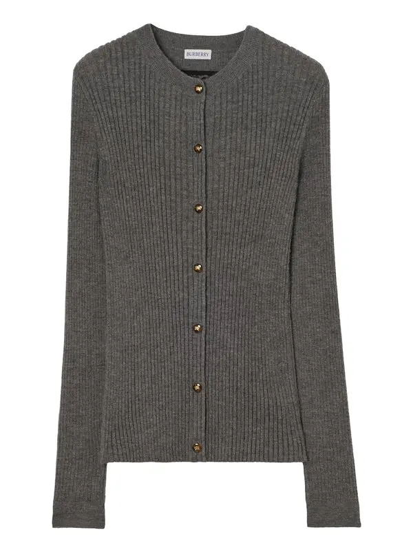 Burberry Cashmere Slim Fit Ribbed Cardigan - Grey
