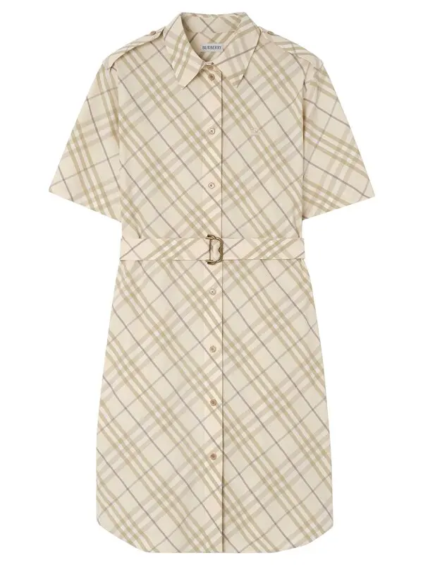 Burberry Checked Cotton Mini Shirt Dress - Beige