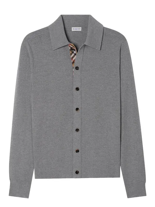 Burberry Wool Cardigan With Check Trim - Grey
