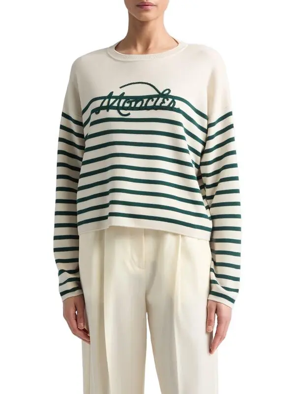 Moncler Striped Virgin Wool Sweater With Embroidered Logo - White/blue