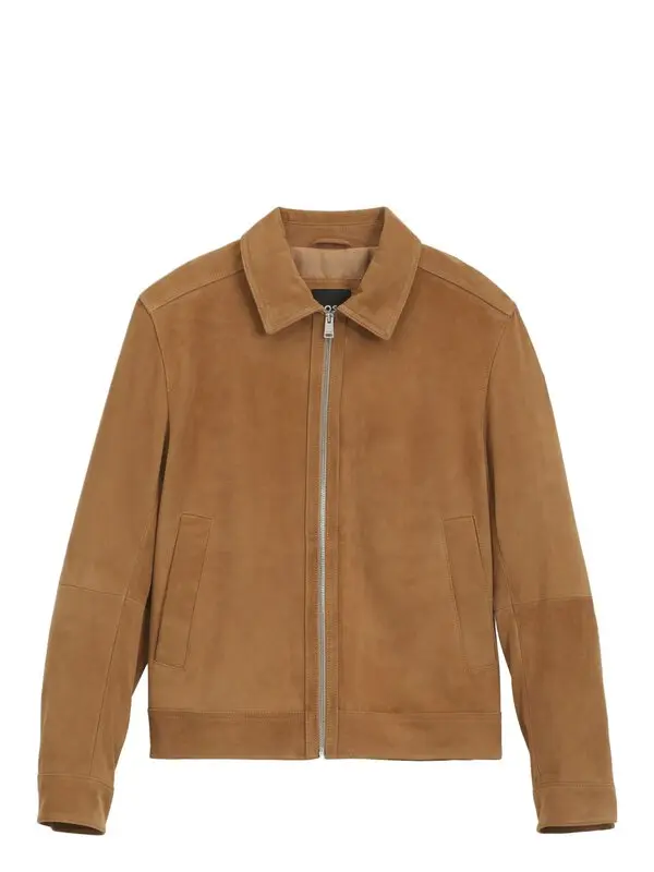 BOSS Suede Leather Zip-up Jacket With Pointed Collar - Beige