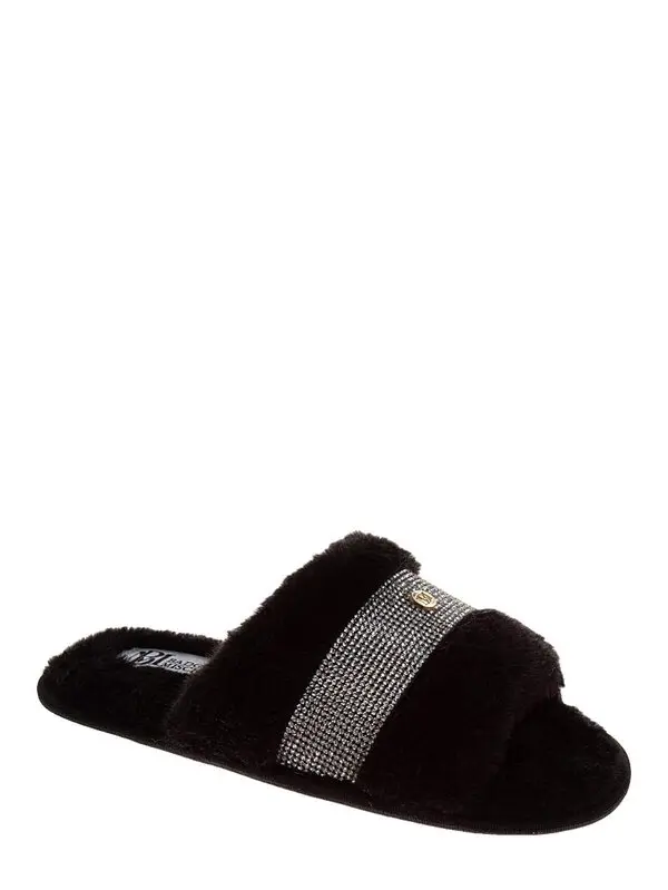 Badgley Mischka Fuzzy Rhinestone Logo Slides - Black