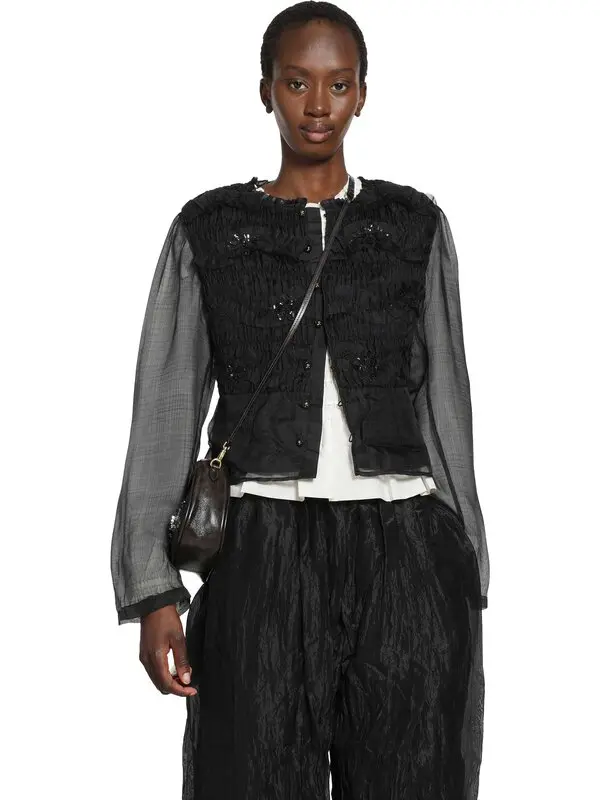RENLI SU Shirred Silk Twill And Organza Shirt With Sequined Embroidery - Black