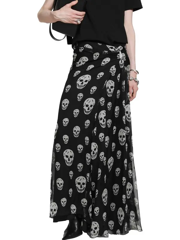 Alexander McQueen Skull Print Draped Maxi Skirt - Black