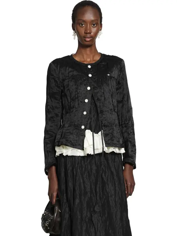 RENLI SU Crinkled Cotton Silk Satin Waisted Jacket - Black