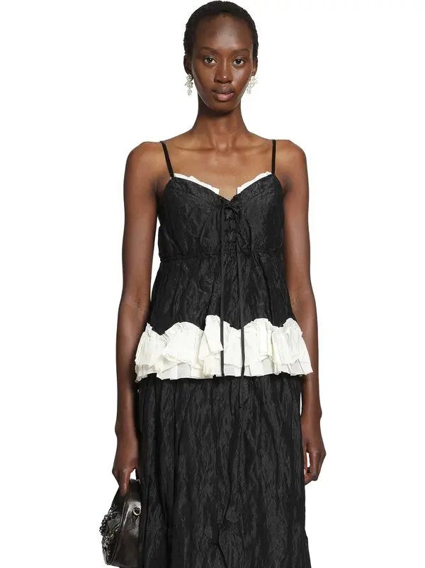 RENLI SU Peplum Top With Lace-up Front And Layered Hem - Black&white