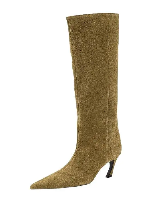 Schutz Lexi Knee-high Boots With Pointed Toe And Mid-height Heel - Olive