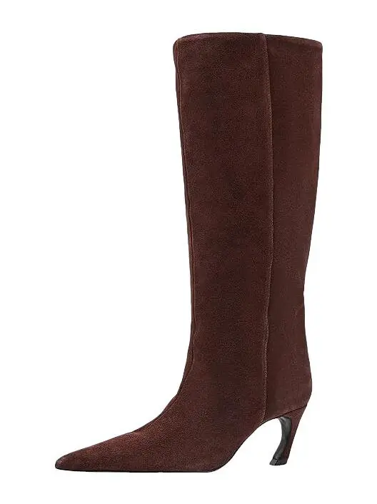 Schutz Lexi Mid Boots Leather Knee-high Boots With Pointed Toe And Curved Heel - Root Brown