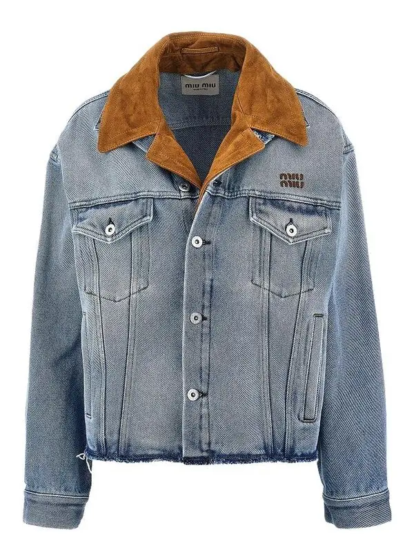 Miu Miu Denim Jacket With Detachable Suede Collar - Blue