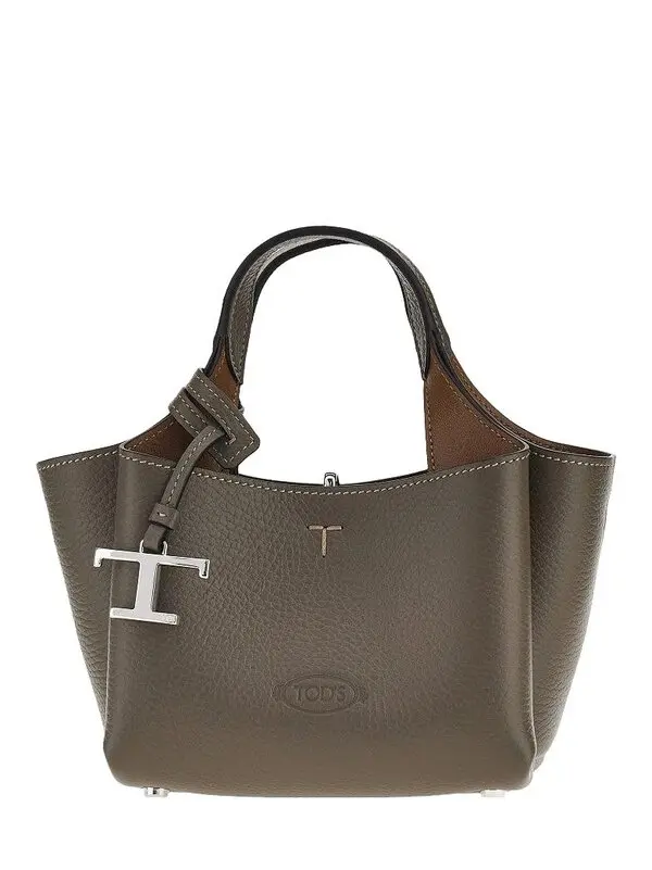 TOD'S Grained Leather Mini Shopping Bag With T Timeless Charm - Grey