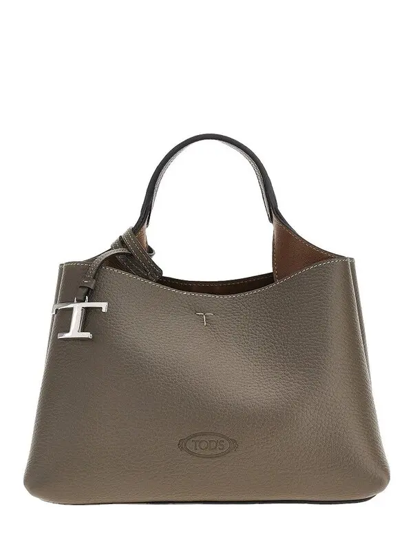 TOD'S Grained Leather Micro Shopping Bag With T Timeless Charm - Grey