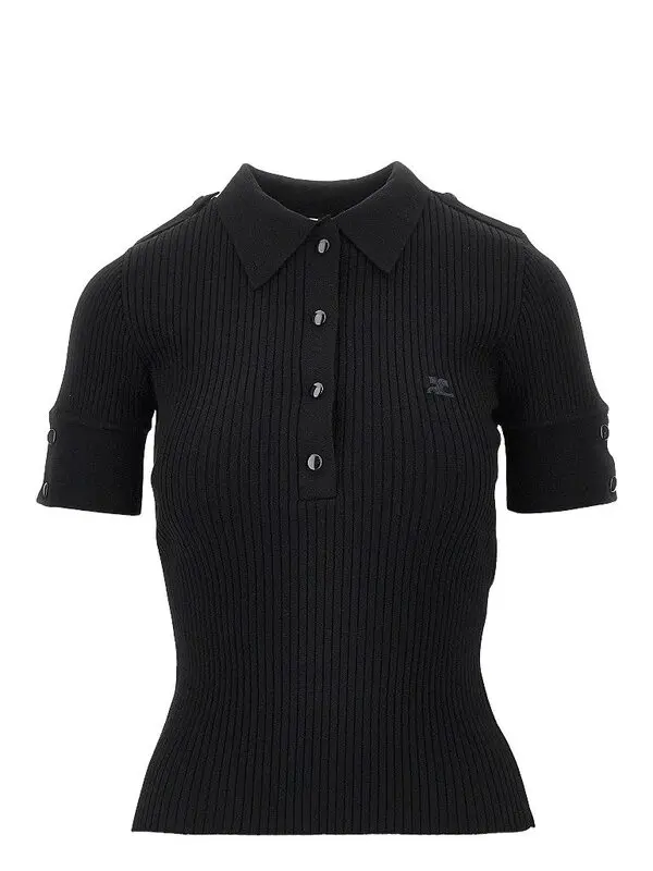 COURREGES Ribbed Knit Polo Shirt With Embroidered Logo - Black