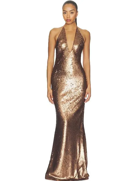 Misha Collection Plunge Sequin Jersey Gown - Mocha