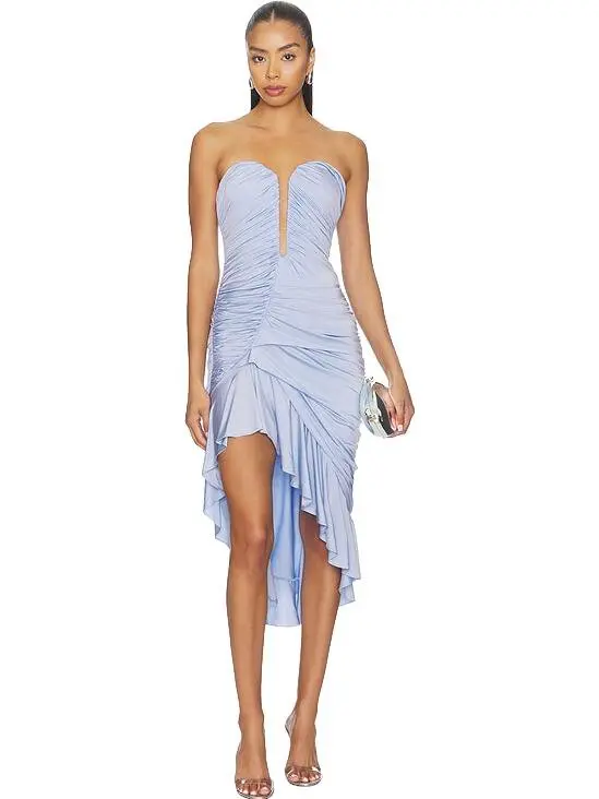 Ronny Kobo Ruched Strapless High-low Dress With Ruffle Detail - Blue