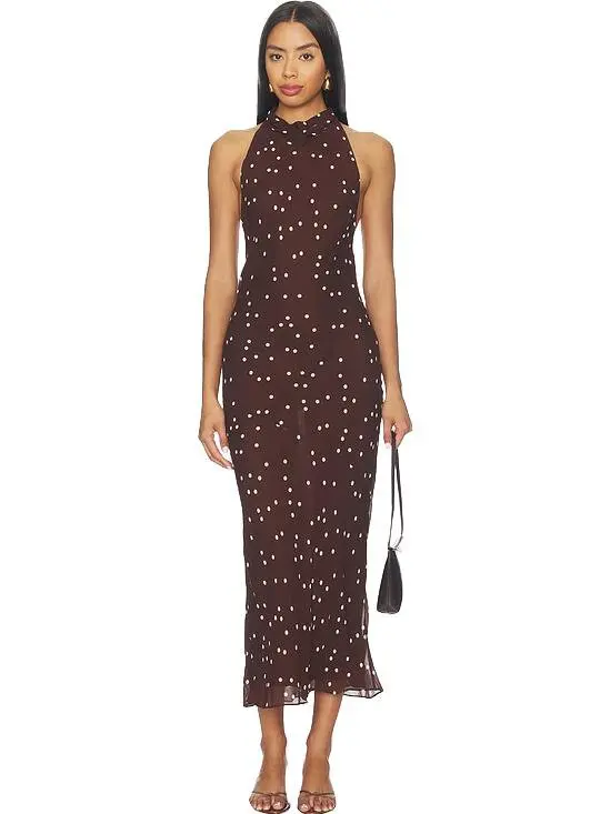 EAVES Halterneck Maxi Dress With Polka Dot Print - Brown