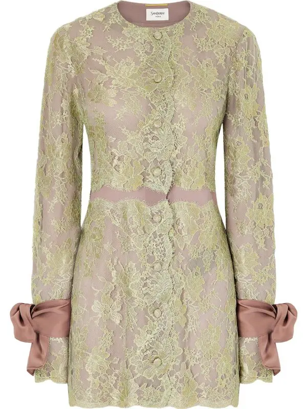 Saint Laurent Scalloped Metallic Lace And Crepe Mini Dress - Green