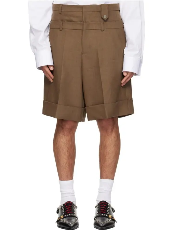 EGONLAB Double Waist Wool Belt Loop Shorts - Brown