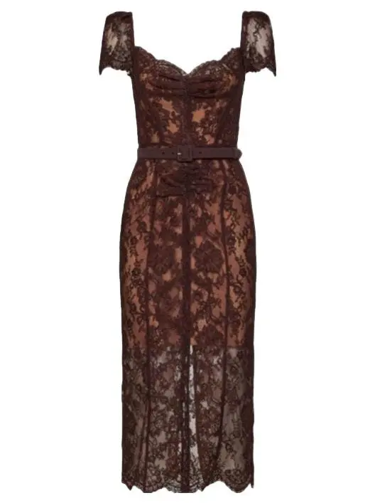 SELF-PORTRAIT Floral Lace Belted Midi Dress - No