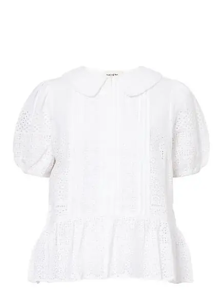ME+EM Me + Em Broderie Peplum-hem Cotton Top - Soft White