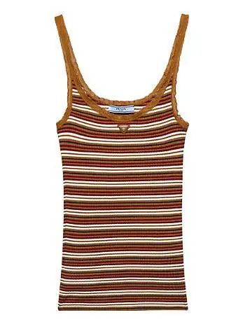 Prada Striped Cotton Ribbed Vest Top With Lace Trim - Brown
