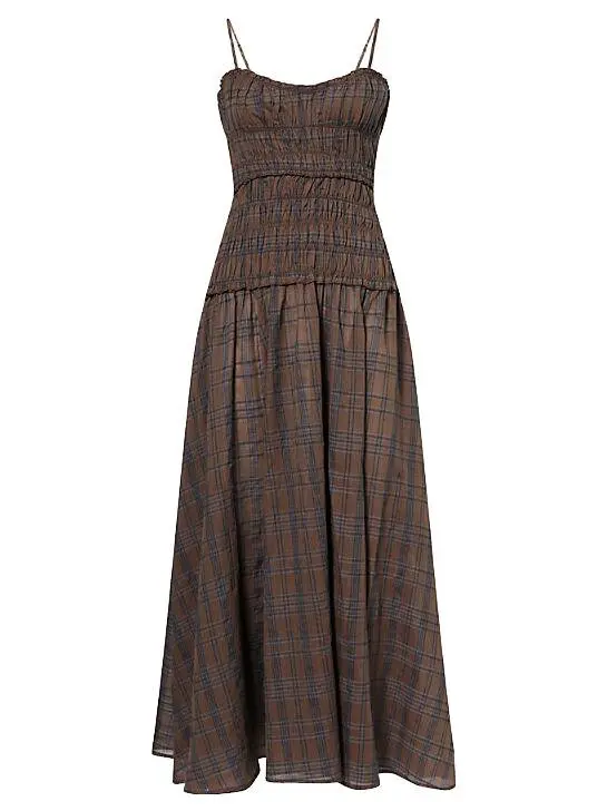Dissh Petra Check-print Cotton-blend Midi Dress - Chocolate