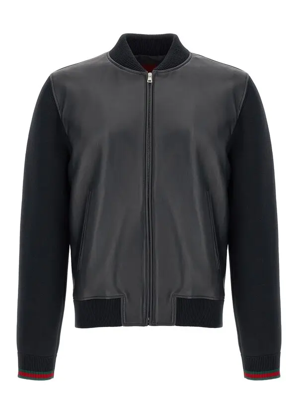 Gucci Leather And Wool Knit Bomber Jacket With Tassel - Blue
