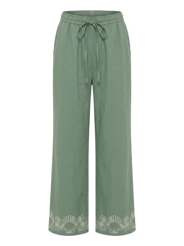 RAFFYA Milly Wide Leg Embroidered Trousers - Green