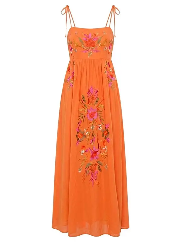 RAFFYA Embroidered Midi Dress - Orange