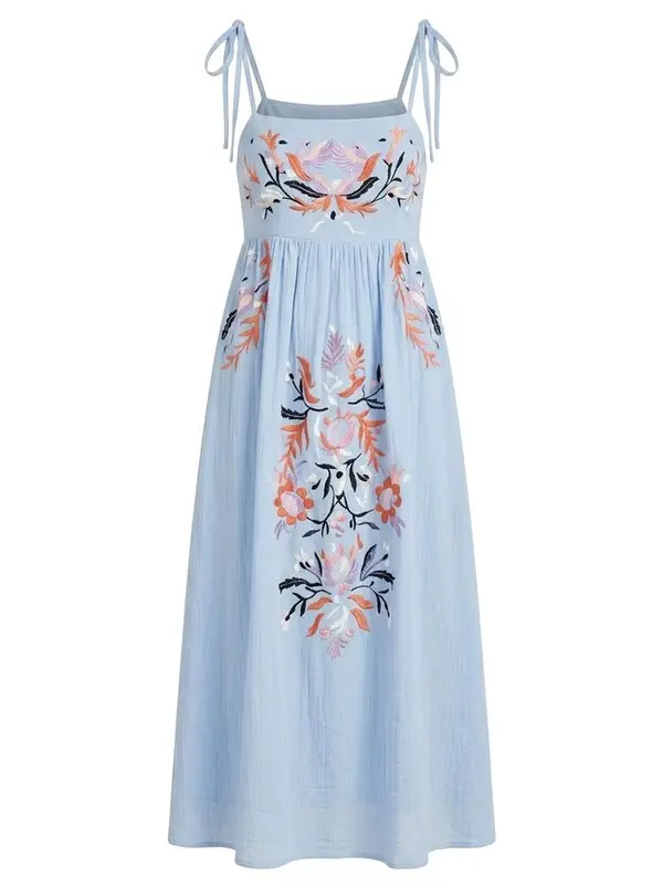 RAFFYA Furla Smocked Panel Embroidered Midi Dress - Blue