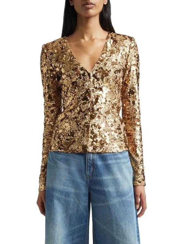St. John Sequin V-neck Top - Copper