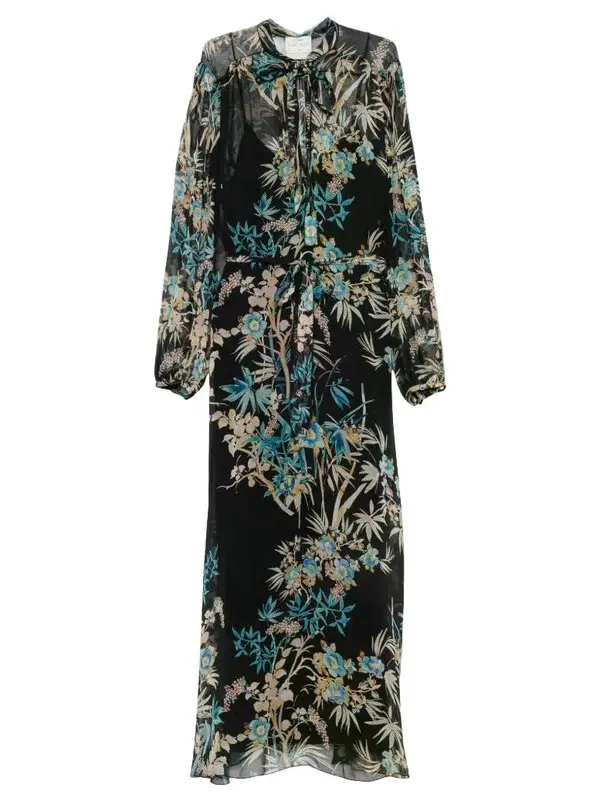 FORTE_FORTE Floral Print Tie Neck Dress - Black