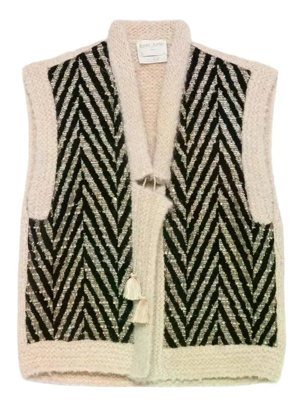 FORTE_FORTE Sleeveless Chevron-pattern Tasseled Jacket - Neutrals