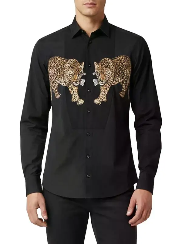 Dolce & Gabbana Leopard-appliqué Tuxedo Shirt - Black