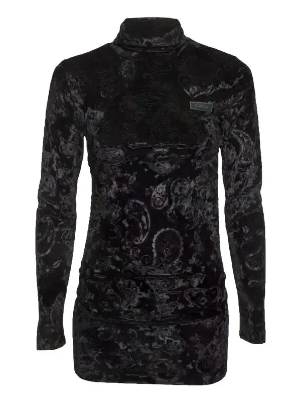 GANNI Velour Paisley Ruched High Neck Top - Black