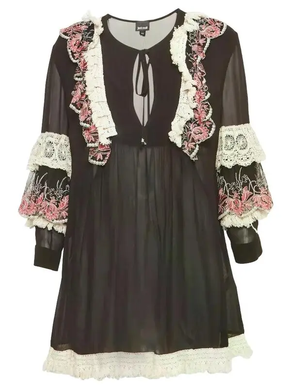 Just Cavalli Lace-detail Midi Dress With Floral Embroidery - Black