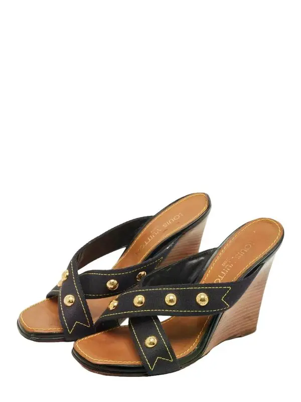 LOUIS VUITTON Studded Cross-strap Wedge Sandals - Black