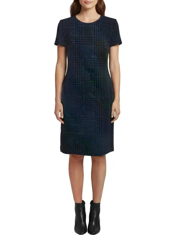 Escada Checked Tweed Dress With Round Neck And Short Sleeves - Blue