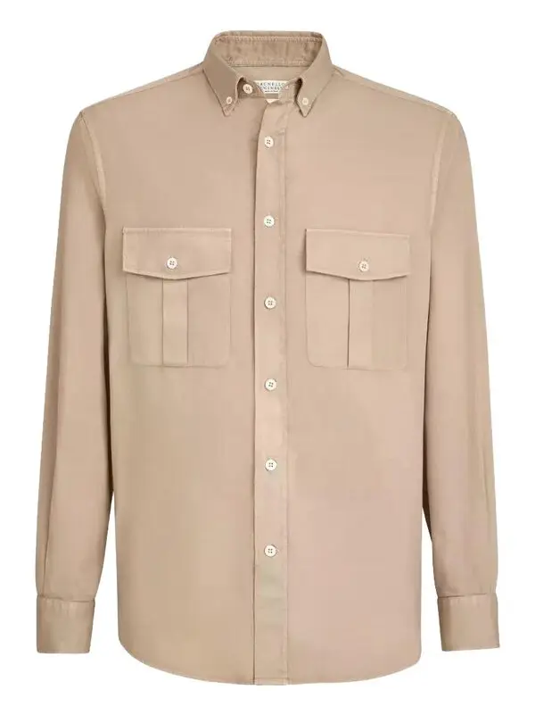 Brunello Cucinelli Garment-dyed Easy Fit Shirt In Cotton Twill With Chest Pockets And Button-down Collar - Neutrals