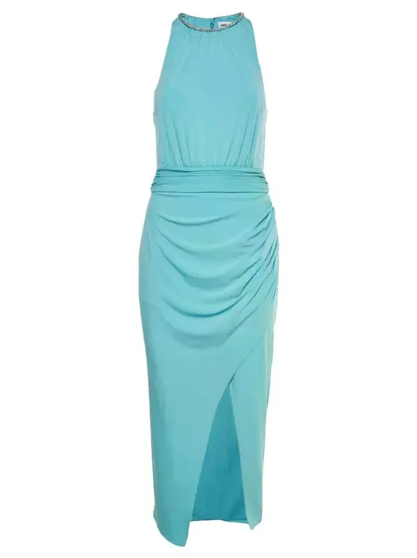 SELF-PORTRAIT Jersey Halter Midi Dress With Crystal Embellishments - Blue