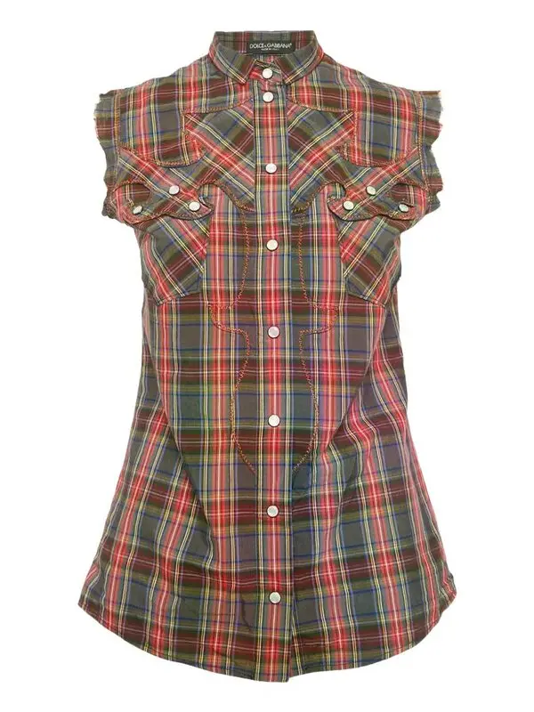 Dolce & Gabbana Plaid Sleeveless Band Collar Shirt - Red