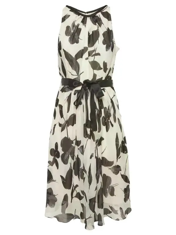 Carolina Herrera Cream And Black Floral Print Silk A-line Midi Dress - Neutrals