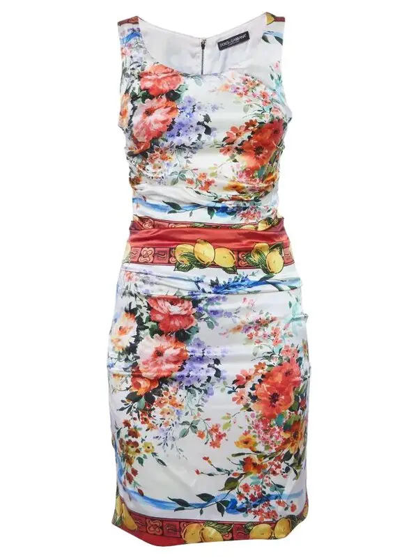 Dolce & Gabbana Floral Print Ruched Satin Mini Dress - White