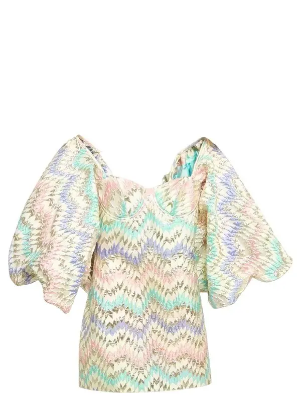 424 Chevron Jacquard Mini Dress With Puff Sleeves - Neutrals