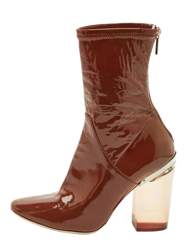 Dior Patent Leather Clear Block Heel Ankle Boots - Brown